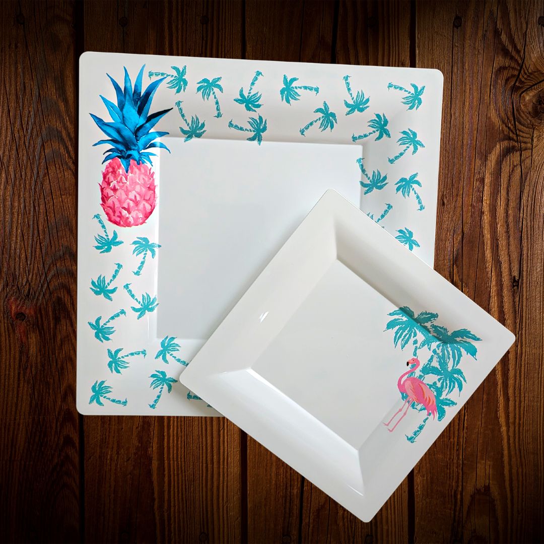 Cuadrado con borde diseño tropical. Plato Principal. Unidad – Vive tu mesa Cuadrado con borde diseño tropical. Plato Principal. Unidad – Vive tu mesa